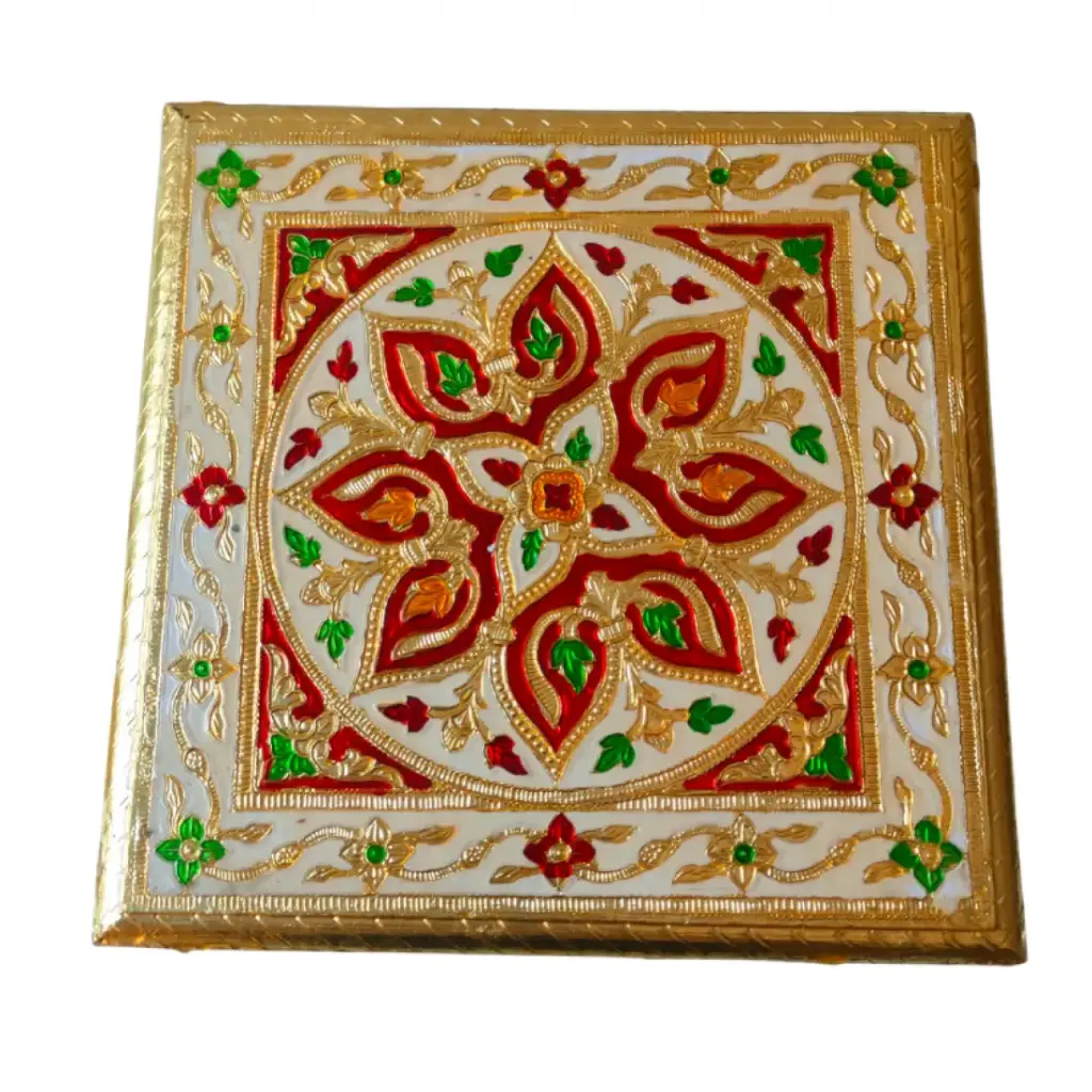 Golden Meena Flower Design Wooden Stool Chowki | eyekoncraft